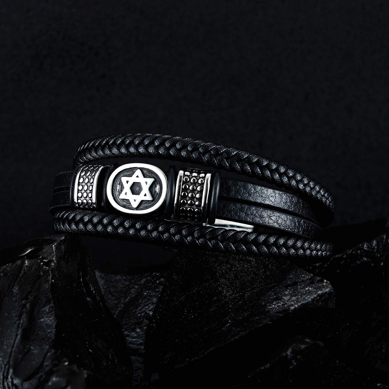 TEMICO Mens Black Leather Cuff Bracelet Multi-Layer Braided Leather Magen Star of David Bracelet Jewish Jewelry