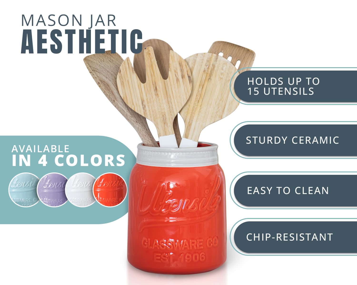 Comfify Wide Mouth Mason Jar Utensil Holder Decorative Kitchenware Organizer Crock, Chip Resistant Ceramic, Dishwasher Safe - Kitchen Caddy, Large Size 7" High - Coral