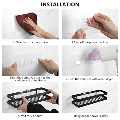 ICEETING Adhesive Shower Caddy, Shower Shelves with Hooks, Shower Organizer, Bathroom Storage Organizer Shelves, Space Saver (Black)