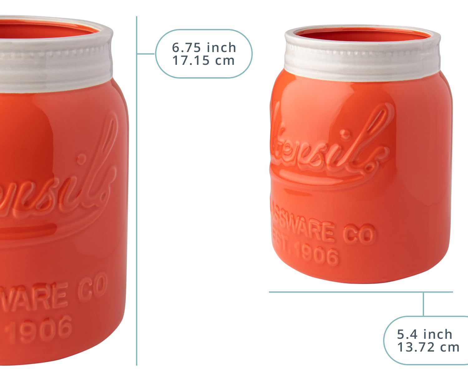 Comfify Wide Mouth Mason Jar Utensil Holder Decorative Kitchenware Organizer Crock, Chip Resistant Ceramic, Dishwasher Safe - Kitchen Caddy, Large Size 7" High - Coral
