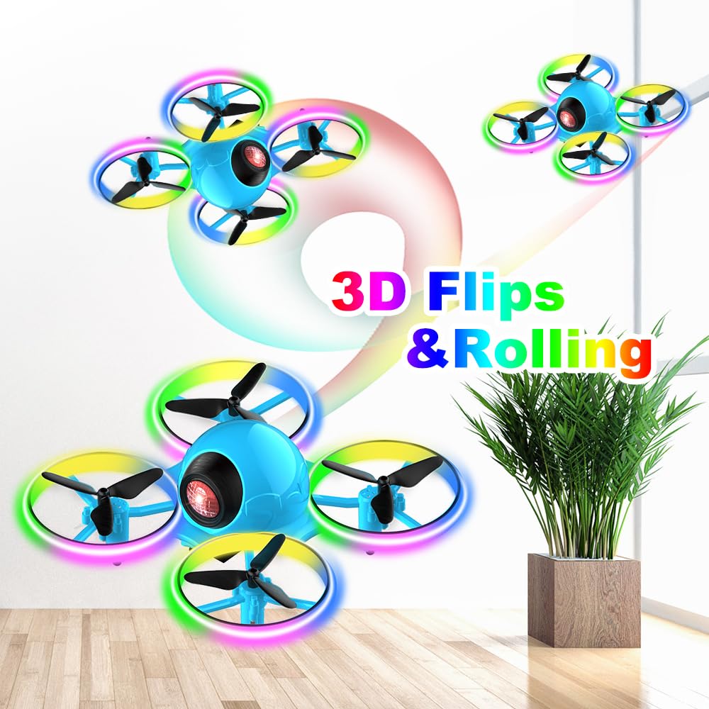 Dwi Dowellin Mini Drone for Kids, 4.9 Inch Small Flying Toys Drones with LED Light One Key Take Off Spin Flips RC Mini Drones Nano Quadcopter Long Flight Time Drones for Beginners and Adults, Blue