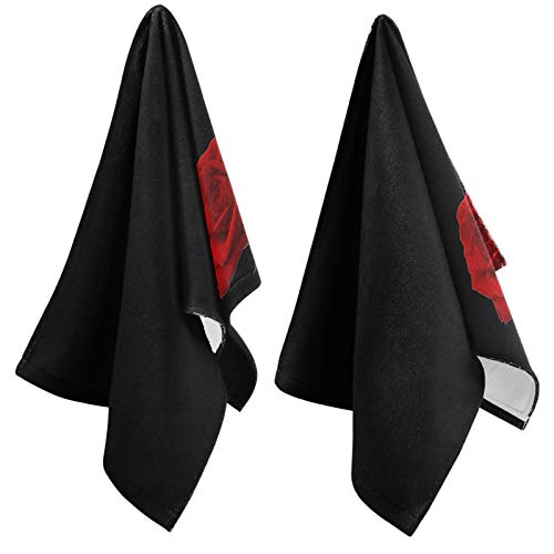 Naanle 2 Piece 3D Beautiful Couple Red Rose Flower Absorbent Soft Fluffy Guest Hand Towels, Multipurpose Decor for Bathroom, Hotel, Gym and Spa (14" x 28",Black)