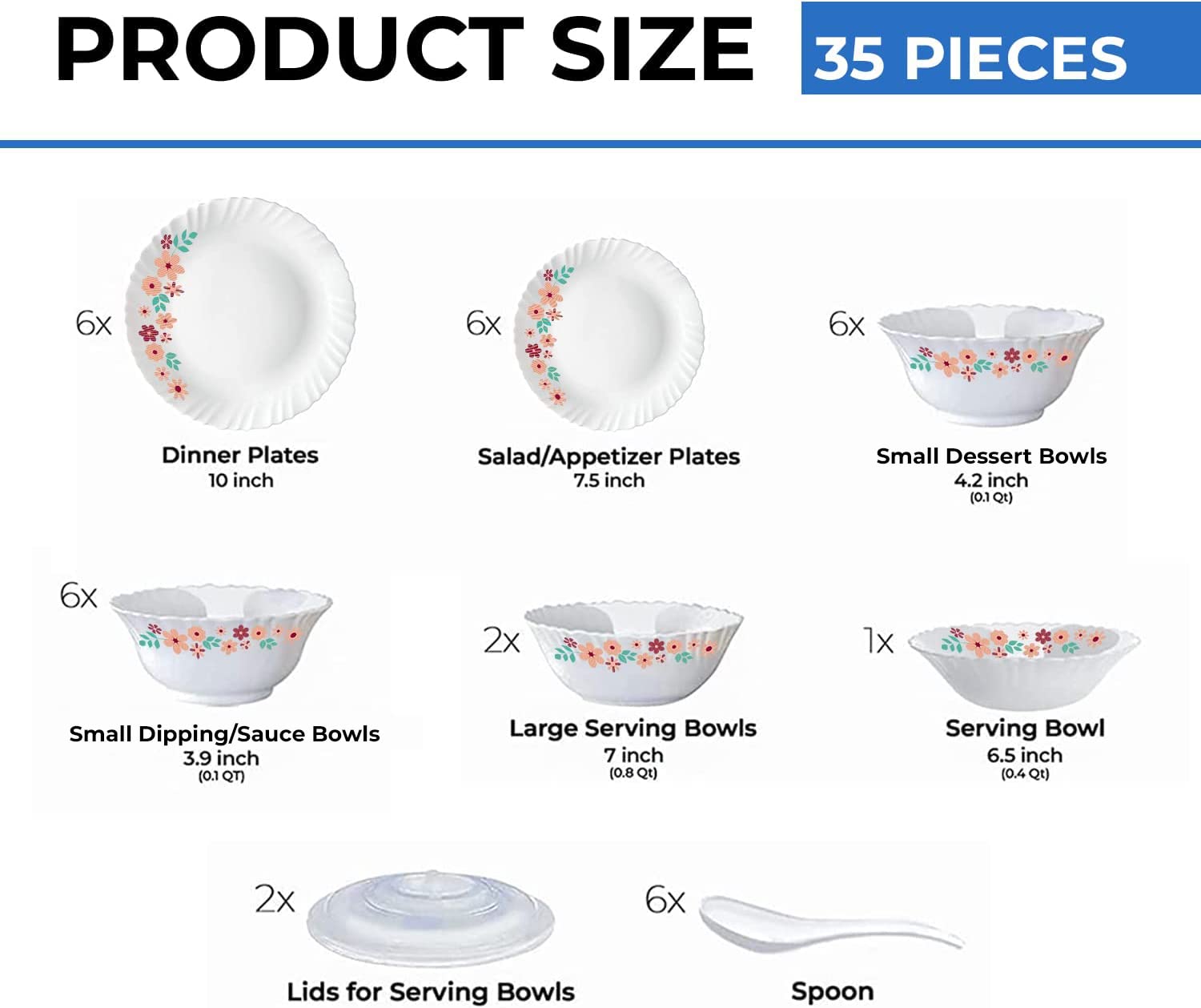 Borosil Gourmet Dinnerware Set For 6, 35 Pieces, White Dinner Plates and Bowls Sets, Chip Resistant Tempered Opal Glass, Stain Resistant, Dishwasher & Microwave Safe Dinner Set For Gifting, Serves 6