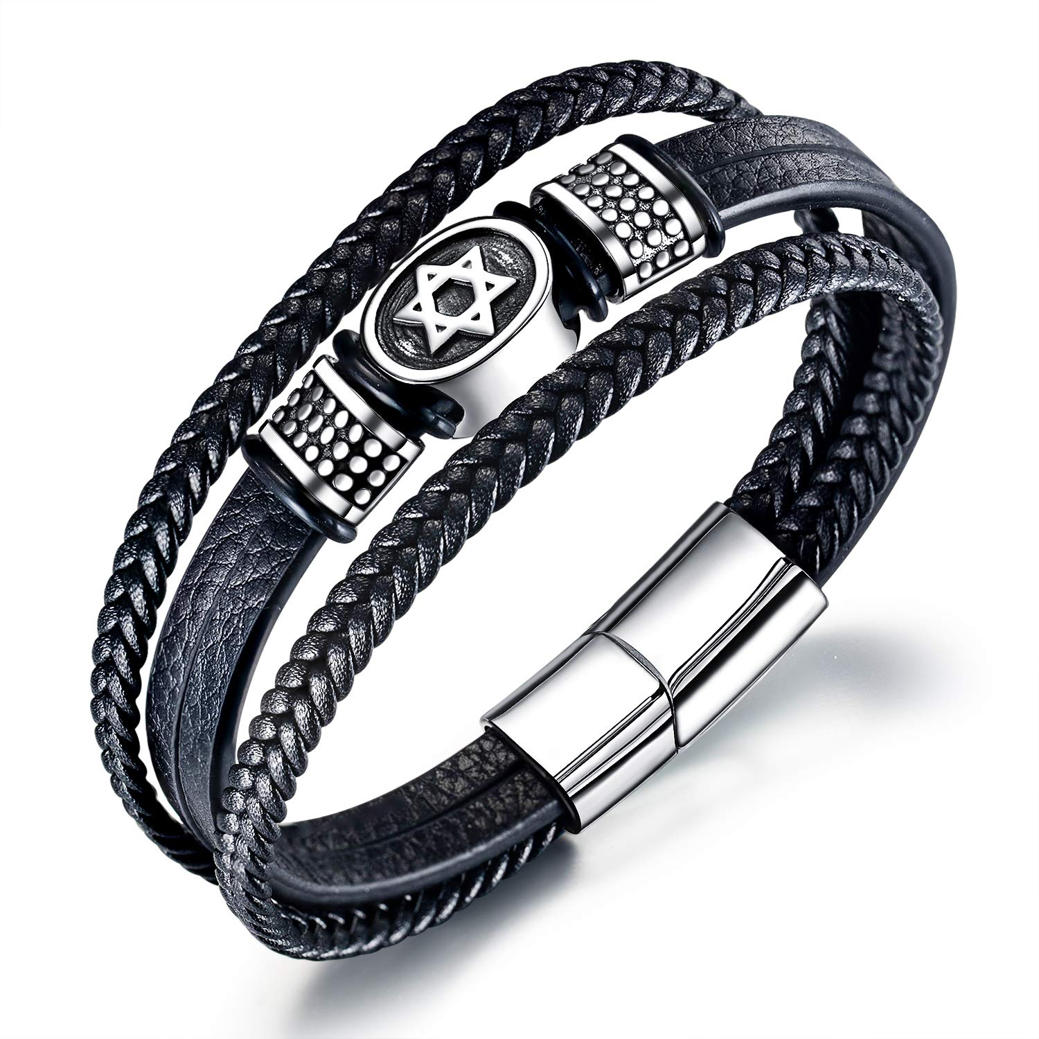 TEMICO Mens Black Leather Cuff Bracelet Multi-Layer Braided Leather Magen Star of David Bracelet Jewish Jewelry