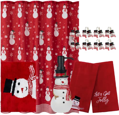 Indecor Home 17-Piece Snowman Christmas Holiday Bathroom Decoration Accessory Set | Bath Rug/Mat | Resin Soap/Lotion Pump Dispenser | Shower Curtain | 12 Resin Hooks | 2 Hand Towels | Gift Box Set