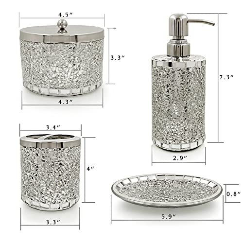 LushAccents Bathroom Accessories Set, 4-Piece Decorative Glass Bathroom Accessories Set, Soap Dispenser, Soap Tray, Jar, Toothbrush Holder, Elegant Silver Mosaic Glass