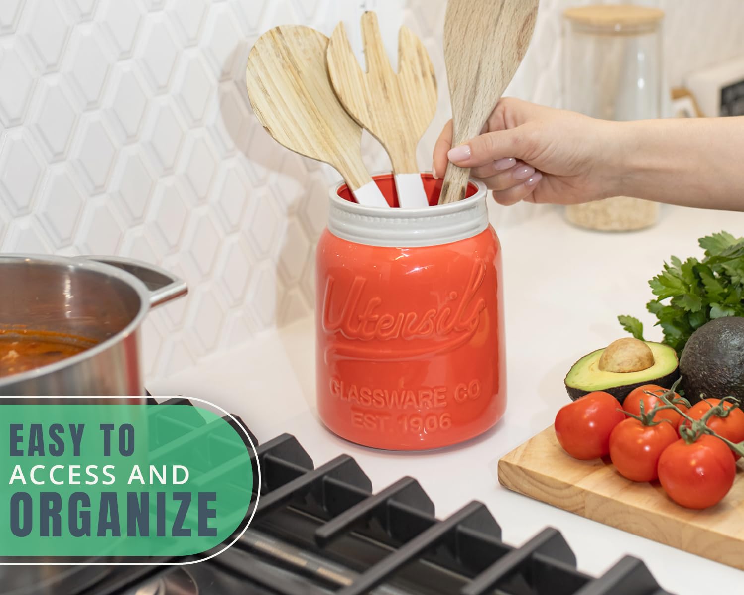 Comfify Wide Mouth Mason Jar Utensil Holder Decorative Kitchenware Organizer Crock, Chip Resistant Ceramic, Dishwasher Safe - Kitchen Caddy, Large Size 7" High - Coral