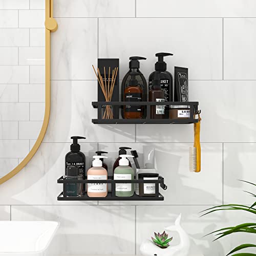 ICEETING Adhesive Shower Caddy, Shower Shelves with Hooks, Shower Organizer, Bathroom Storage Organizer Shelves, Space Saver (Black)