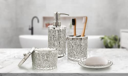 LushAccents Bathroom Accessories Set, 4-Piece Decorative Glass Bathroom Accessories Set, Soap Dispenser, Soap Tray, Jar, Toothbrush Holder, Elegant Silver Mosaic Glass