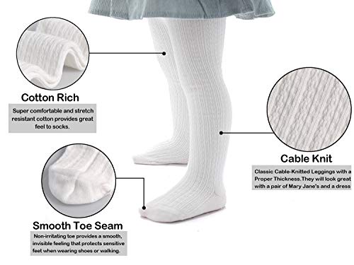 EPEIUS 3 Pairs Pack Newborn Girls Tights Baby Girls Boys Seamless Cable Knit Leggings Solid Cotton Tights Footed Pants for 0-3 Months,White