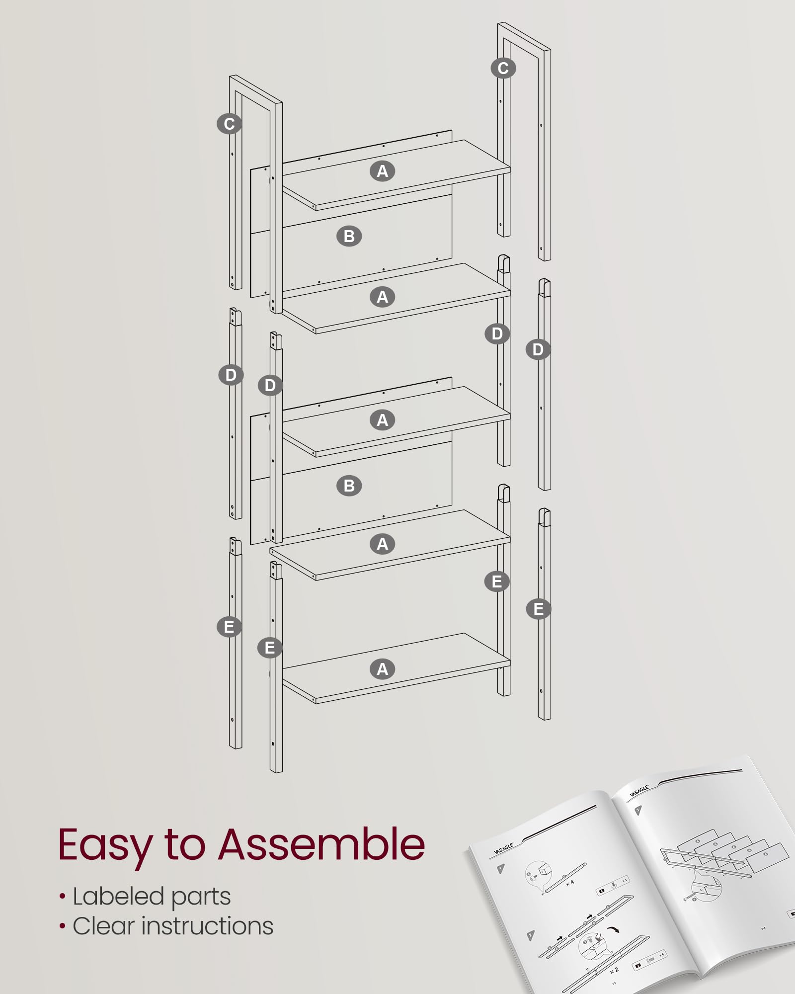 VASAGLE 5-Tier Bookshelf, Book Shelf, Industrial Bookcase, with Steel Frame, for Living Room, Home Office, Bedroom, 9.4 x 24.4 x 65 Inches, Greige and Black ULLS025B02