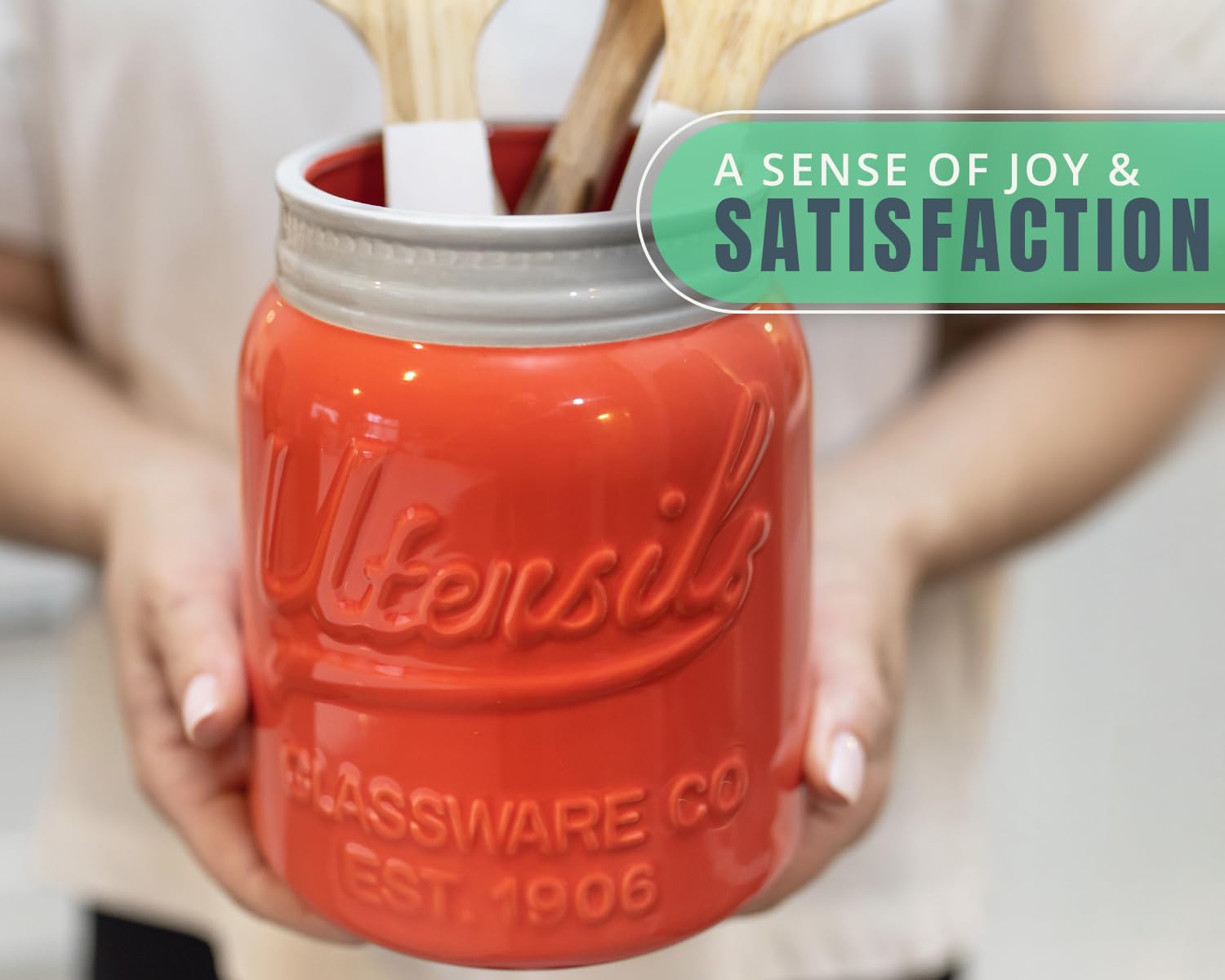 Comfify Wide Mouth Mason Jar Utensil Holder Decorative Kitchenware Organizer Crock, Chip Resistant Ceramic, Dishwasher Safe - Kitchen Caddy, Large Size 7" High - Coral