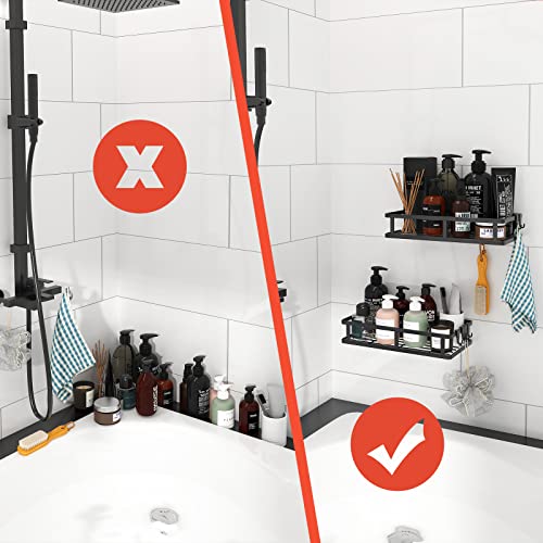 ICEETING Adhesive Shower Caddy, Shower Shelves with Hooks, Shower Organizer, Bathroom Storage Organizer Shelves, Space Saver (Black)