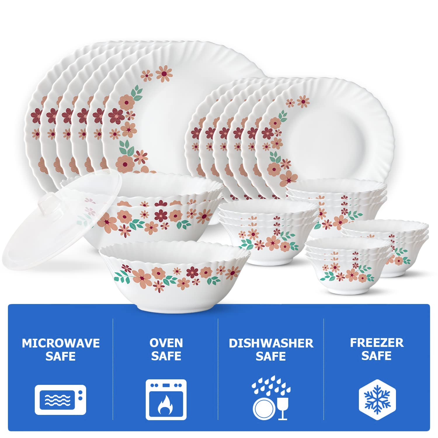 Borosil Gourmet Dinnerware Set For 6, 35 Pieces, White Dinner Plates and Bowls Sets, Chip Resistant Tempered Opal Glass, Stain Resistant, Dishwasher & Microwave Safe Dinner Set For Gifting, Serves 6
