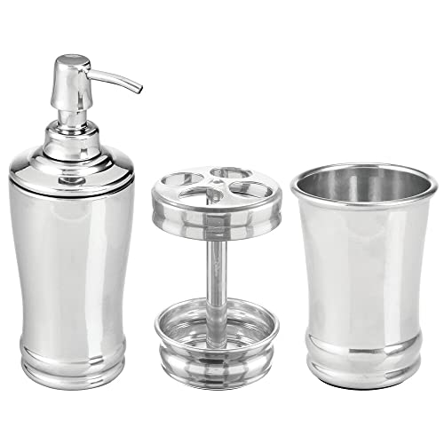 mDesign Metal Bathroom Vanity Countertop Accessory Set - Includes Refillable Soap Dispenser, Divided Toothbrush Stand, Tumbler Rinsing Cup, Vivi Collection, Set of 3, Chrome