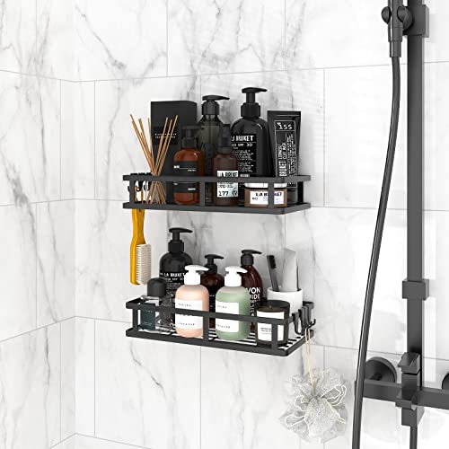 ICEETING Adhesive Shower Caddy, Shower Shelves with Hooks, Shower Organizer, Bathroom Storage Organizer Shelves, Space Saver (Black)