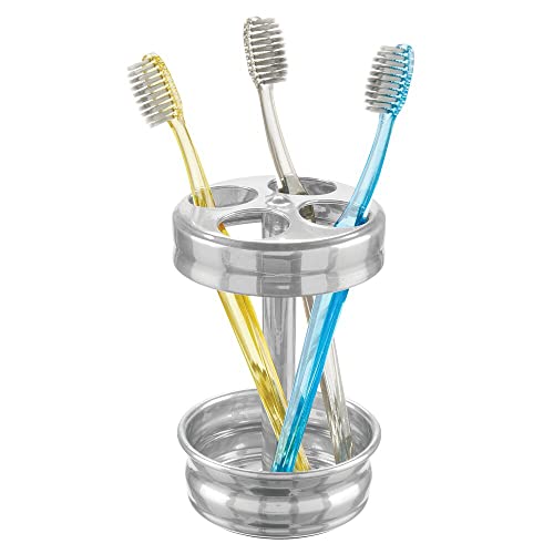 mDesign Metal Bathroom Vanity Countertop Accessory Set - Includes Refillable Soap Dispenser, Divided Toothbrush Stand, Tumbler Rinsing Cup, Vivi Collection, Set of 3, Chrome