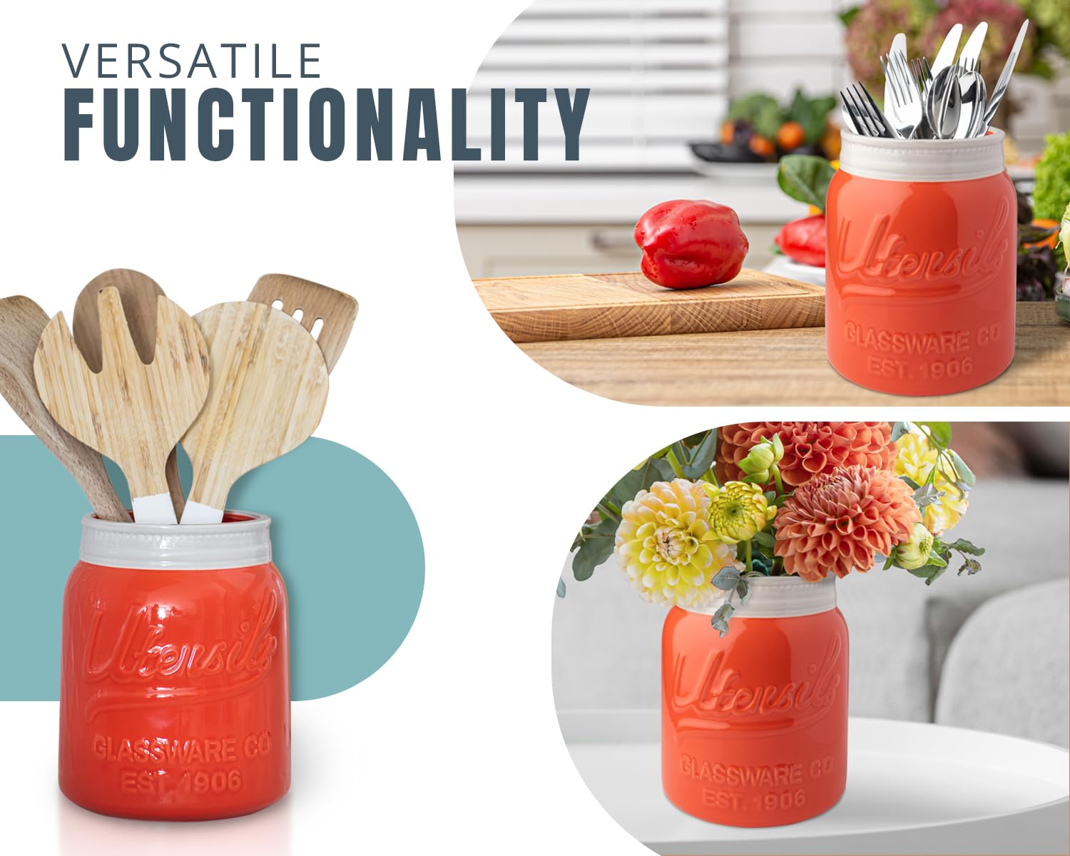 Comfify Wide Mouth Mason Jar Utensil Holder Decorative Kitchenware Organizer Crock, Chip Resistant Ceramic, Dishwasher Safe - Kitchen Caddy, Large Size 7" High - Coral