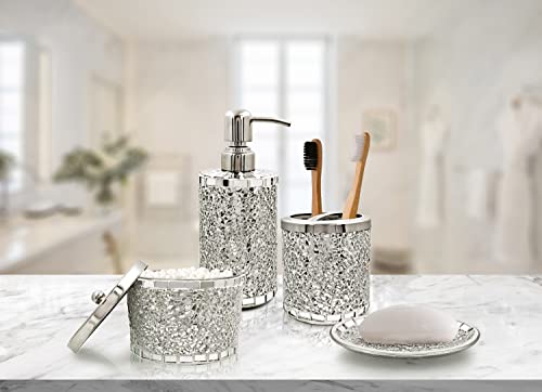 LushAccents Bathroom Accessories Set, 4-Piece Decorative Glass Bathroom Accessories Set, Soap Dispenser, Soap Tray, Jar, Toothbrush Holder, Elegant Silver Mosaic Glass