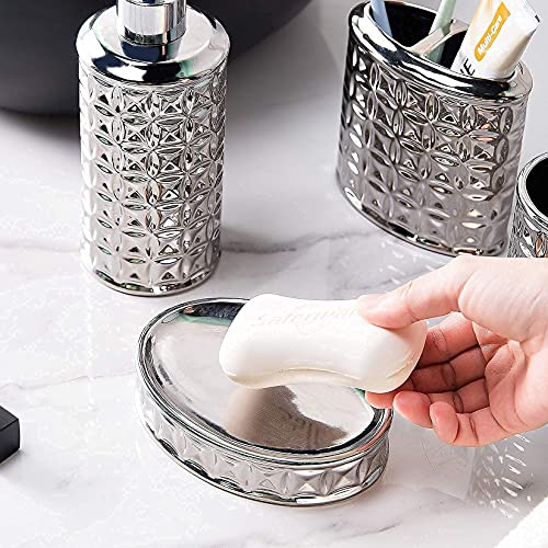 BASDHE Bathroom Accessories Set-5 Piece Ceramic Gift Set Toothbrush Holder,Toothbrush Cup,Soap Dispenser,Soap Dish,Trash Can, Set Bathroom (Grey)