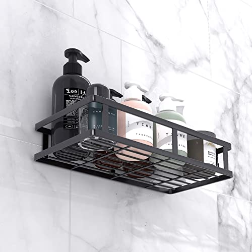 ICEETING Adhesive Shower Caddy, Shower Shelves with Hooks, Shower Organizer, Bathroom Storage Organizer Shelves, Space Saver (Black)