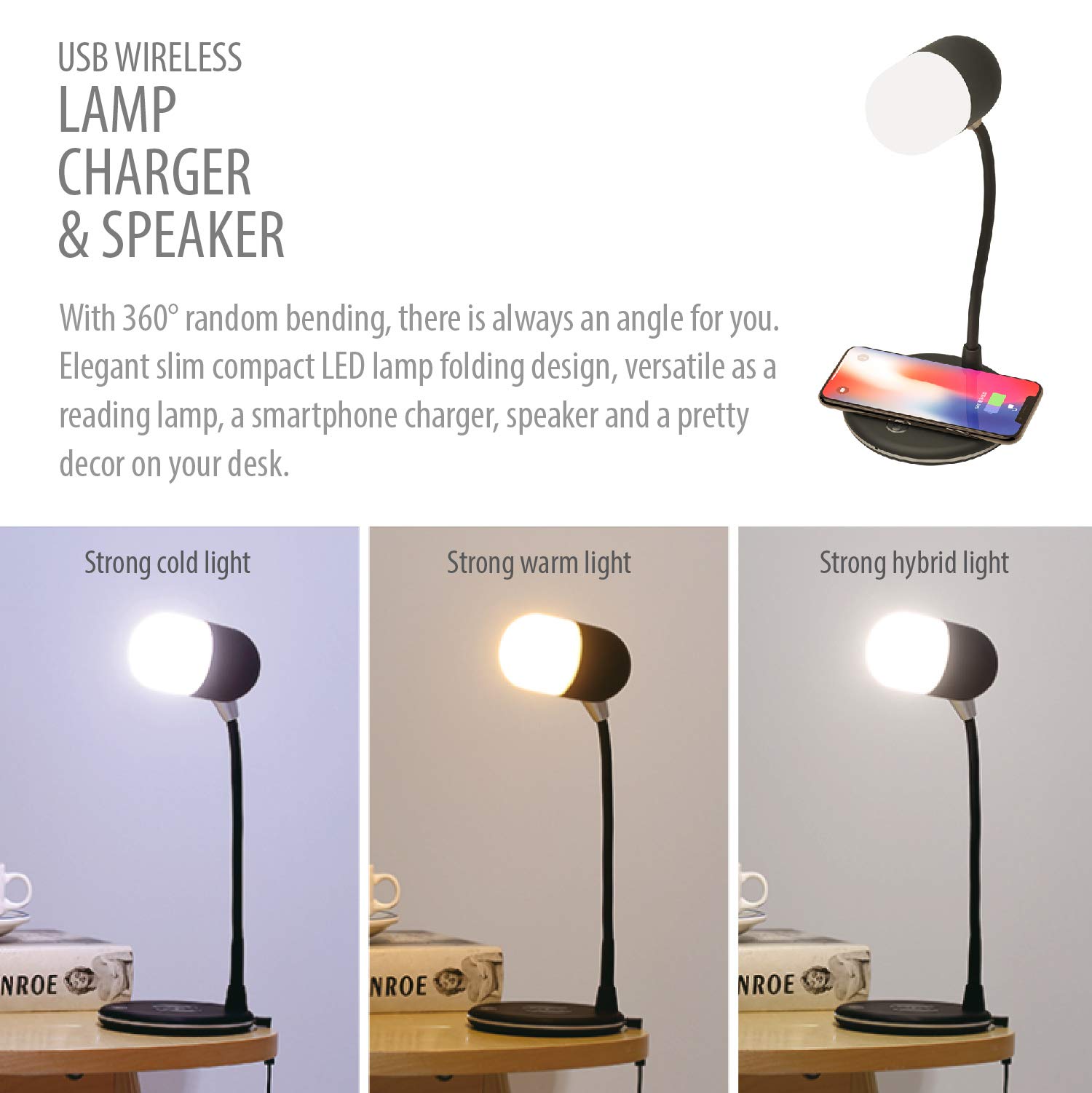 Led desk lamp with QI wireless smart charger. Home office bedside table night light lamp. Bluetooth connected speaker. 3 lighting color changing modes and touch control. Nightlight lamps for bedrooms.