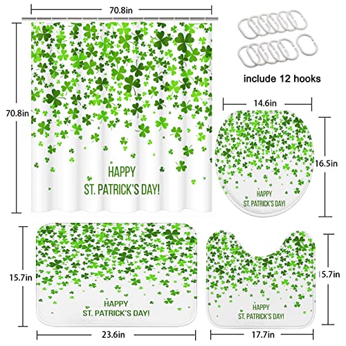 ArtSocket 4 Pcs Shower Curtain Set Happy Saint Patrick Day Green Four Leaf Shamrock Clover with Non-Slip Rugs Toilet Lid Cover and Bath Mat Bathroom Decor Set 72 x 72 inch