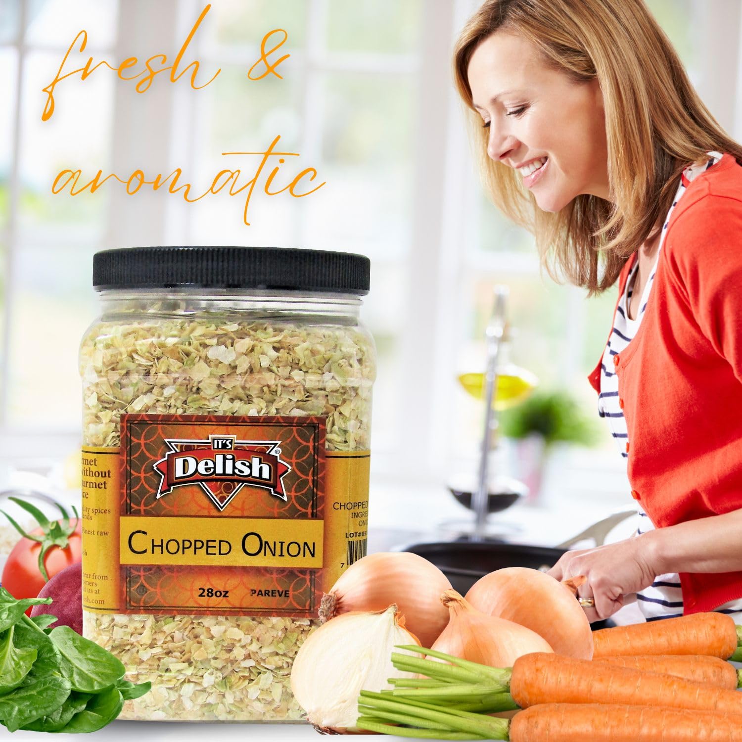 Dried Chopped Onion by It’s Delish, 28 Oz Jumbo Reusable Container – All Natural Dehydrated Onion Flakes | Delicious & Fresh Onions Taste – No Preservatives, Certified Kosher
