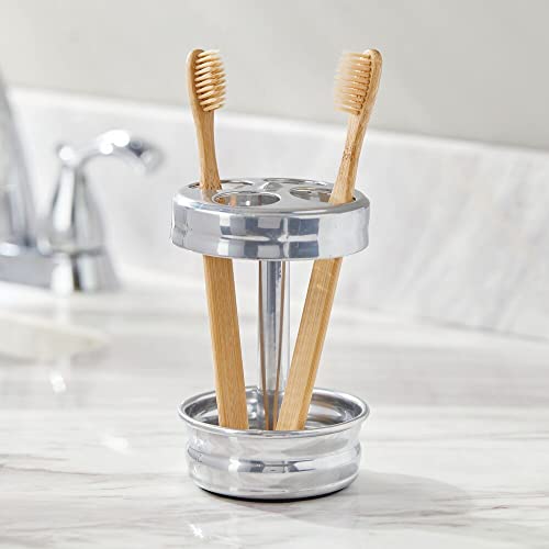 mDesign Metal Bathroom Vanity Countertop Accessory Set - Includes Refillable Soap Dispenser, Divided Toothbrush Stand, Tumbler Rinsing Cup, Vivi Collection, Set of 3, Chrome