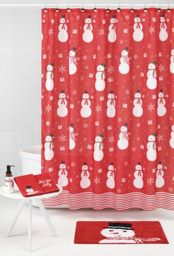 Indecor Home 17-Piece Snowman Christmas Holiday Bathroom Decoration Accessory Set | Bath Rug/Mat | Resin Soap/Lotion Pump Dispenser | Shower Curtain | 12 Resin Hooks | 2 Hand Towels | Gift Box Set