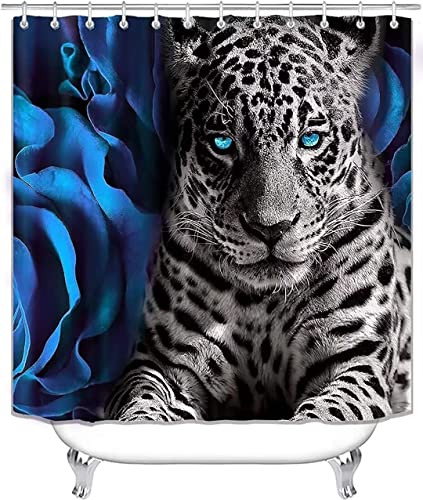 NBVKO 4PCS Blue Rose and Leopard Shower Curtain Set with Non-Slip Rugs,Toilet Lid Cover and Bath Mat,Bathroom Shower Decor Accessory Set
