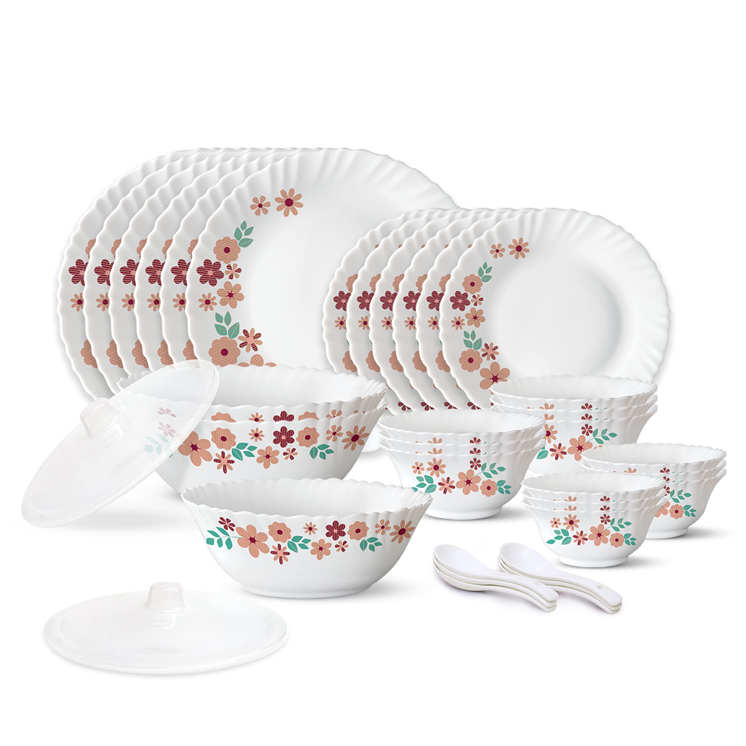 Borosil Gourmet Dinnerware Set For 6, 35 Pieces, White Dinner Plates and Bowls Sets, Chip Resistant Tempered Opal Glass, Stain Resistant, Dishwasher & Microwave Safe Dinner Set For Gifting, Serves 6