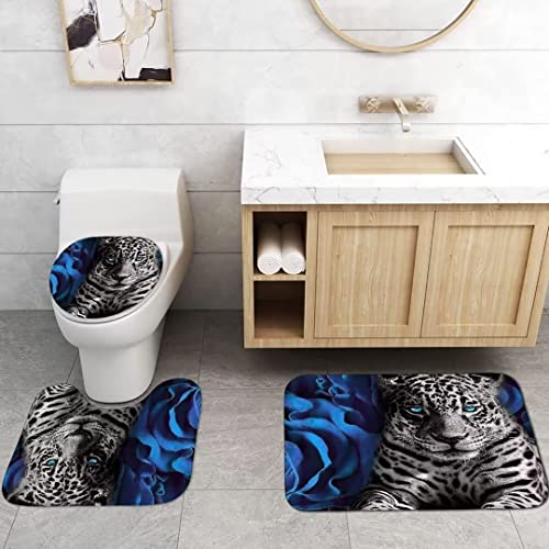 NBVKO 4PCS Blue Rose and Leopard Shower Curtain Set with Non-Slip Rugs,Toilet Lid Cover and Bath Mat,Bathroom Shower Decor Accessory Set