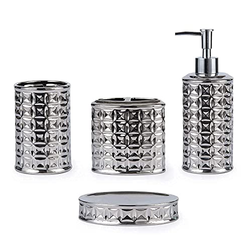 BASDHE Bathroom Accessories Set-5 Piece Ceramic Gift Set Toothbrush Holder,Toothbrush Cup,Soap Dispenser,Soap Dish,Trash Can, Set Bathroom (Grey)