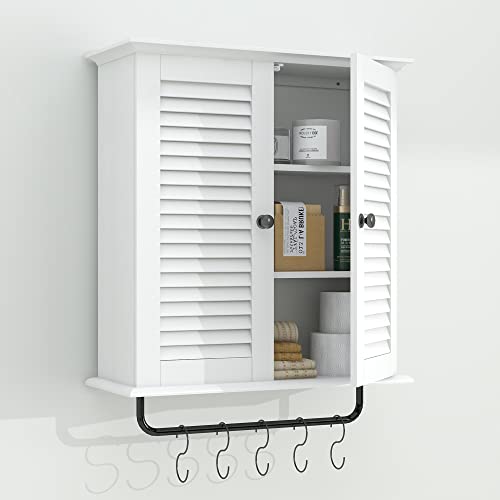 TaoHFE Bathroom Cabinet Wall Mounted White Designer Bathroom Wall Cabinet Medicine Cabinet with Double Shutter Doors 3 Tier Adjustable Shelf with Towel Rack Over The Toilet Storage Cabinet Laundry