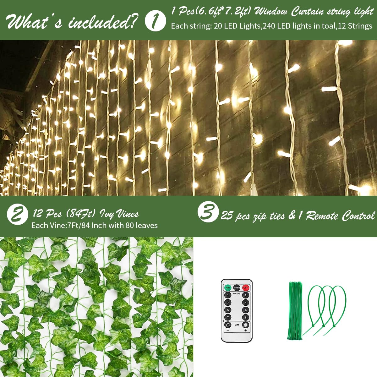 KASZOO 12 Pack Artificial Ivy Leaf Plants with 240 LED Window Curtain String Lights, Fake Plants Vine Hanging Garland, Hanging for Wall Party Wedding Room Home Kitchen Indoor & Outdoor Decoration