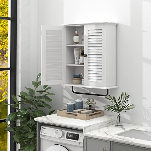 TaoHFE Bathroom Cabinet Wall Mounted White Designer Bathroom Wall Cabinet Medicine Cabinet with Double Shutter Doors 3 Tier Adjustable Shelf with Towel Rack Over The Toilet Storage Cabinet Laundry