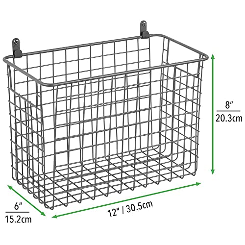 mDesign Portable Metal Farmhouse Wall Decor Storage Organizer Basket Bin with Handles for Hanging in Entryway, Mudroom, Bedroom, Bathroom, Laundry Room - Wall Mount Hooks Included, 2 Pack - Graphite