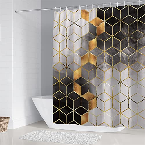 LQCOOL 4Pcs Black Gradient Shower Curtain Set,Black Marbling Shower Curtain Set Golden Cubic Lines Bathroom Set Texture Modern Art Bath Accessories with Mats