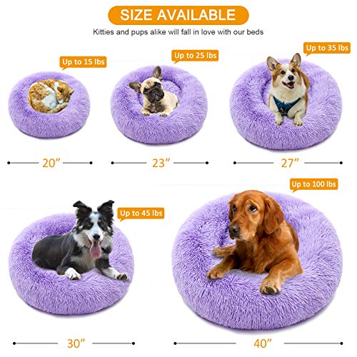 Luciphia Round Dog Cat Bed Donut Cuddler, Faux Fur Plush Pet Cushion for Large Medium Small Dogs, Self-Warming and Cozy for Improved Sleep Purple, Small (20" x20")