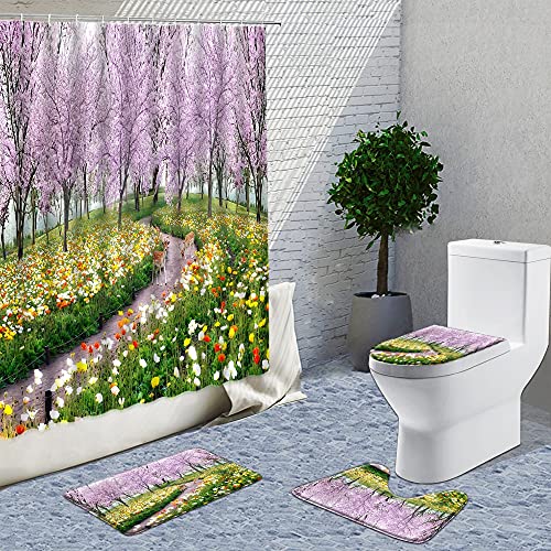 AXISRC Windmill Red Tulip Garden Shower Curtains Sets Plant Flowers Non Slip Bath Mats Rugs Toilet Cover Lid Pad Home Bathroom Decor 71x71inches