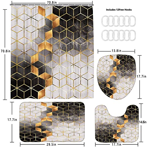 LQCOOL 4Pcs Black Gradient Shower Curtain Set,Black Marbling Shower Curtain Set Golden Cubic Lines Bathroom Set Texture Modern Art Bath Accessories with Mats