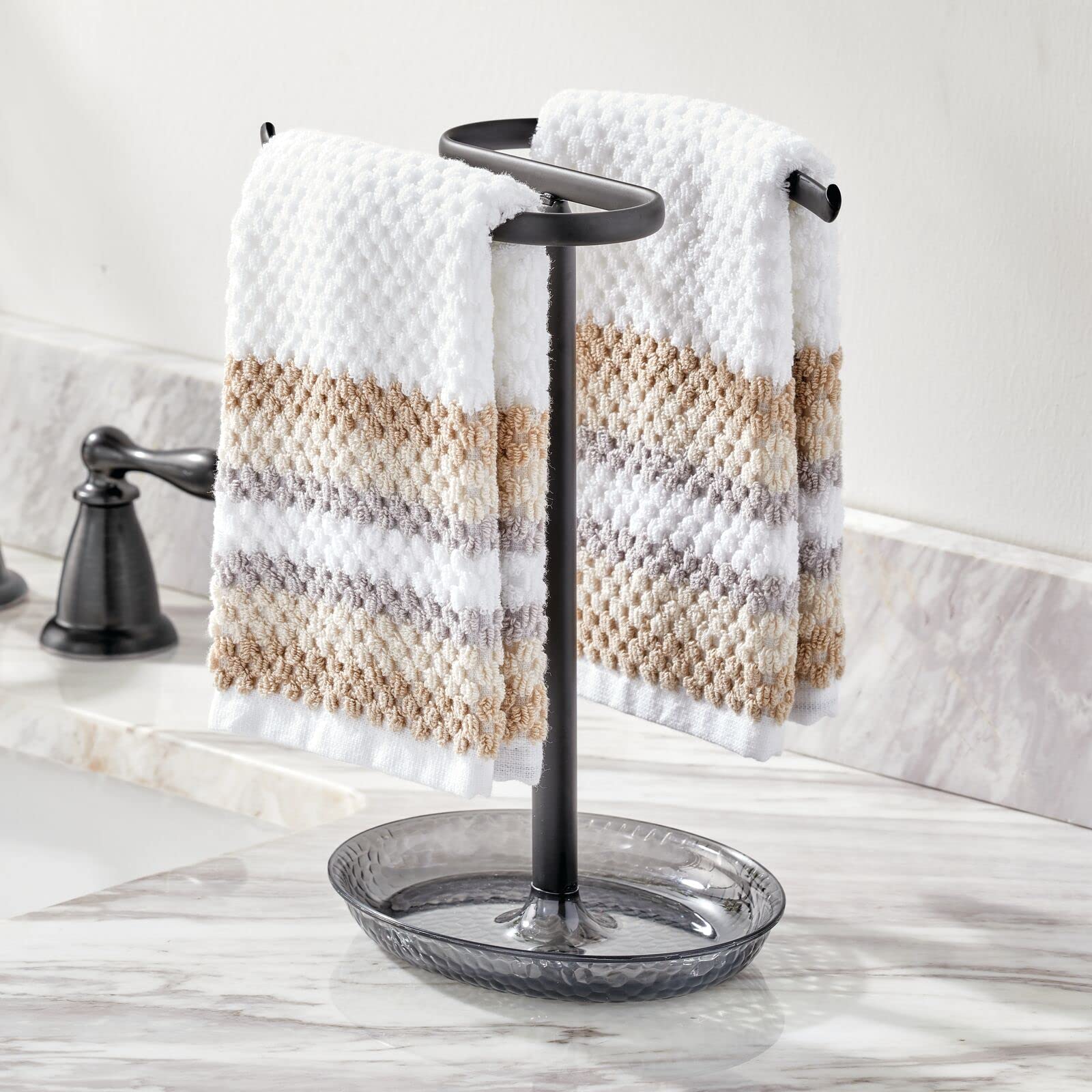 mDesign Steel Fingertip Towel Rack Stand with Base Tray - Towel Holder, Towel Bar for Bathroom, Kitchen, Powder Room - Holds Hand Towel, Washcloths - Rain Collection - Black