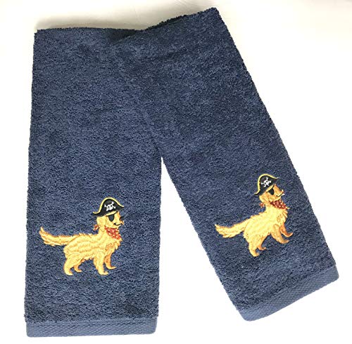 Halloween Hand Towels: Navy Blue Cotton Towels with Friendly Pirate Dog, 2 Piece Set, 16" x 28" Inch Each