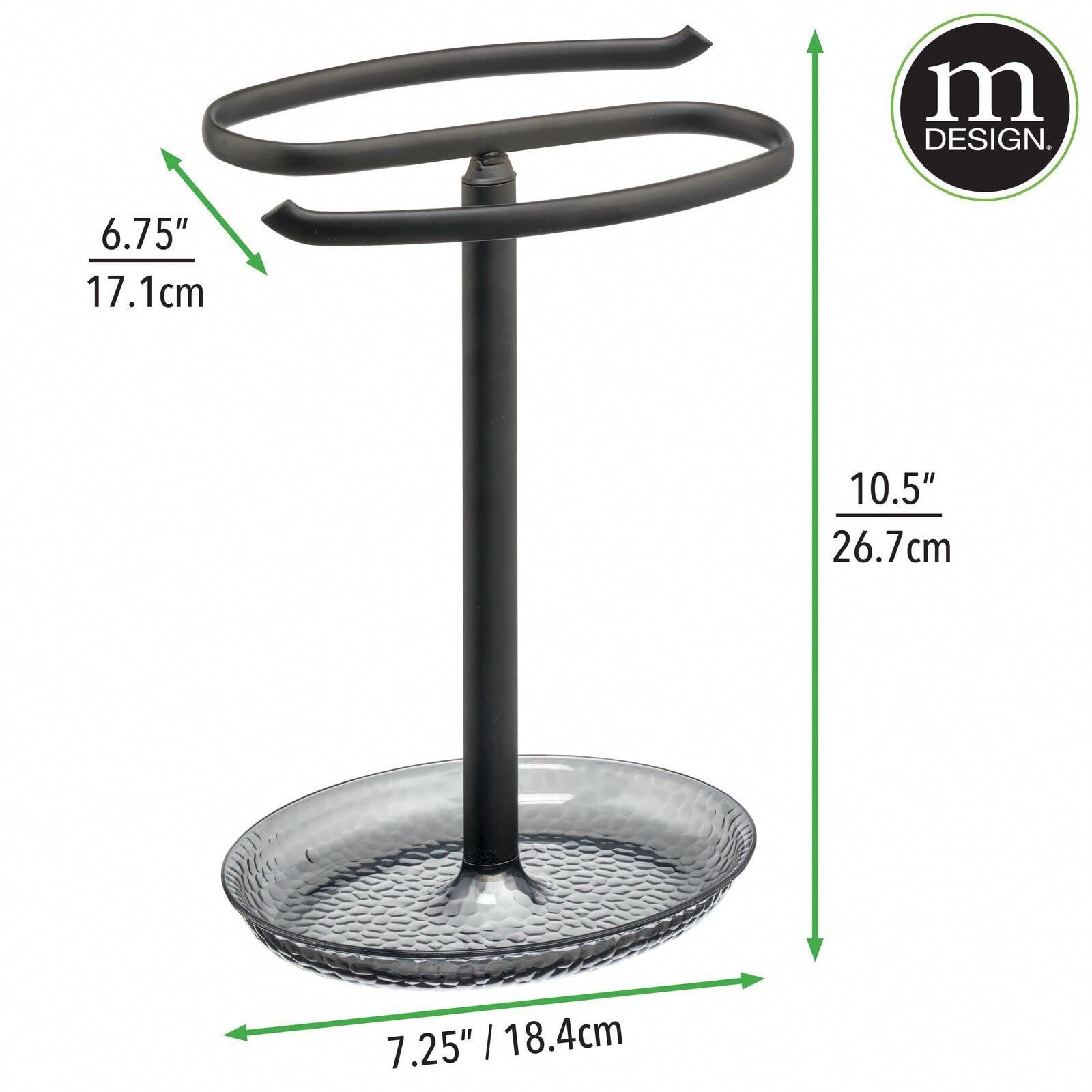 mDesign Steel Fingertip Towel Rack Stand with Base Tray - Towel Holder, Towel Bar for Bathroom, Kitchen, Powder Room - Holds Hand Towel, Washcloths - Rain Collection - Black