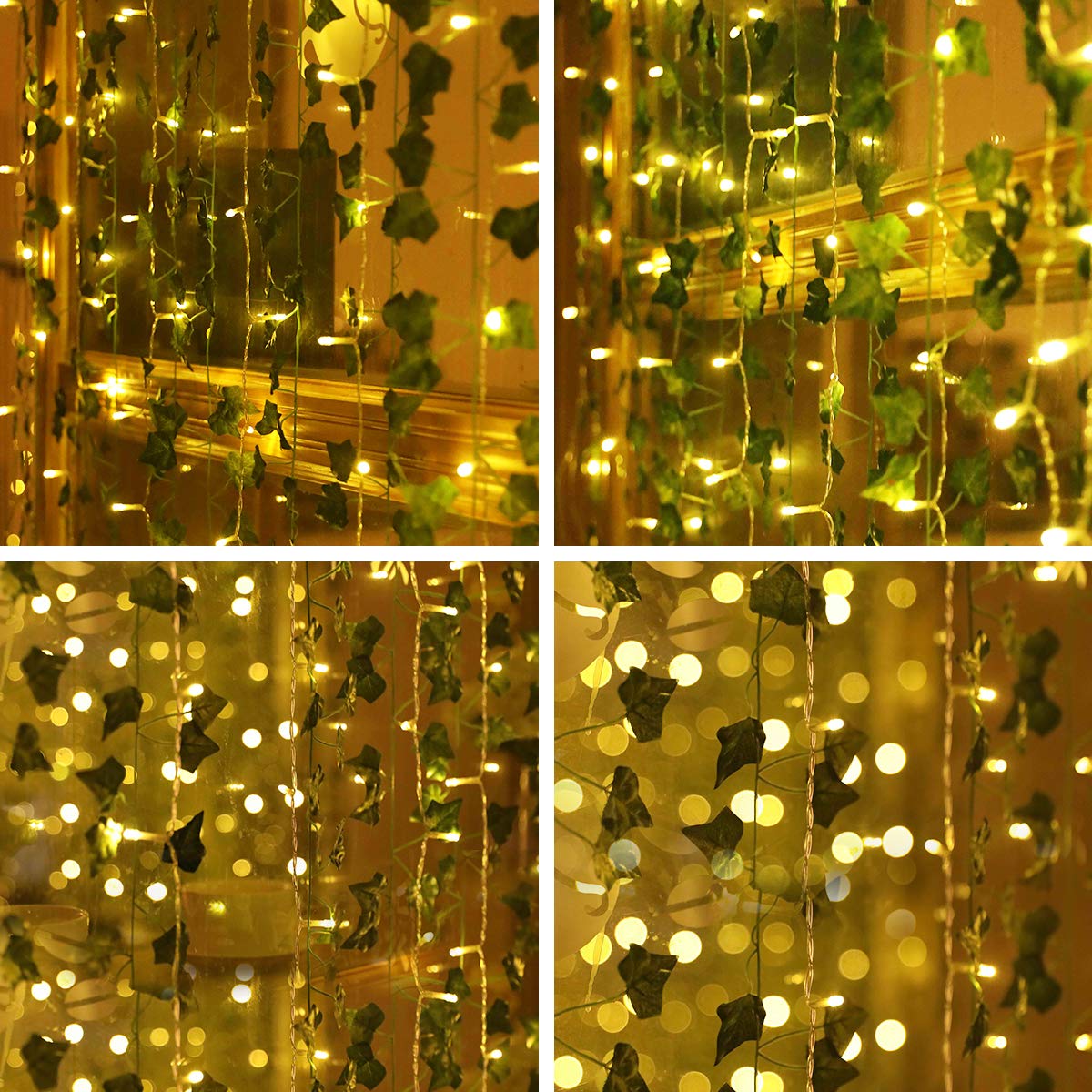 KASZOO 12 Pack Artificial Ivy Leaf Plants with 240 LED Window Curtain String Lights, Fake Plants Vine Hanging Garland, Hanging for Wall Party Wedding Room Home Kitchen Indoor & Outdoor Decoration