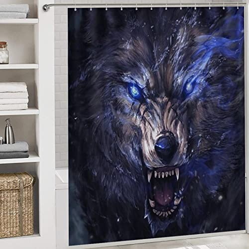EEncantoo Premium Quality 4 Piece Angry Wolf Art Shaggy Rugs + U-Shaped Bath Mats & Lid Cover Rubber Backing + Fast Dry Shower Stall Curtain - Home Bath Room Decor
