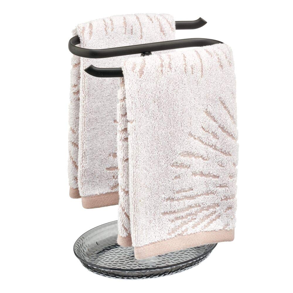 mDesign Steel Fingertip Towel Rack Stand with Base Tray - Towel Holder, Towel Bar for Bathroom, Kitchen, Powder Room - Holds Hand Towel, Washcloths - Rain Collection - Black