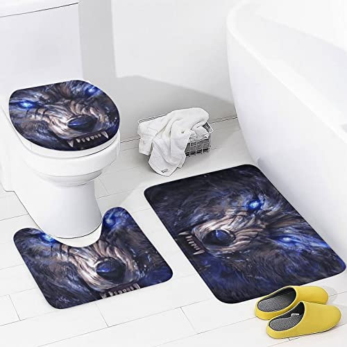 EEncantoo Premium Quality 4 Piece Angry Wolf Art Shaggy Rugs + U-Shaped Bath Mats & Lid Cover Rubber Backing + Fast Dry Shower Stall Curtain - Home Bath Room Decor