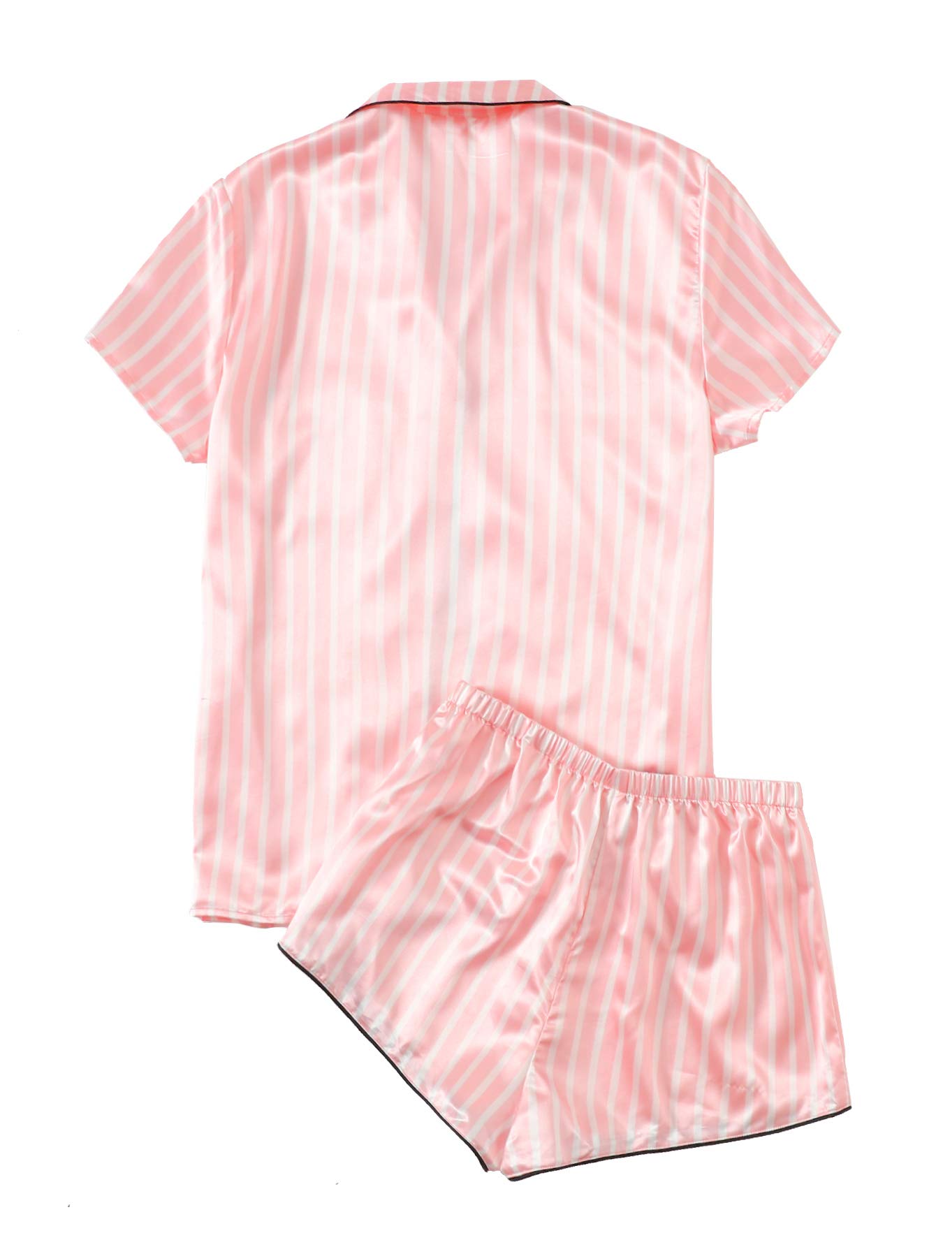 WDIRARA Women's Satin Sleepwear Short Sleeve Button Shirt and Shorts Pajama Set Silky PJ Striped Pink XL